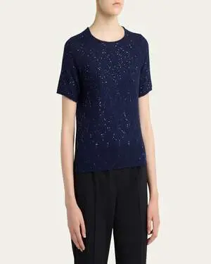 Kiton Cashmere Paillette Short-sleeve Crewneck Sweater