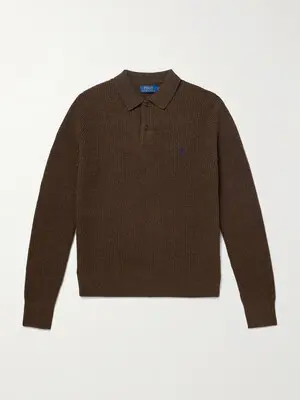 Polo Ralph Lauren Logo-embroidered Waffle-knit Wool And Cotton-blend Polo Sweater - Brown