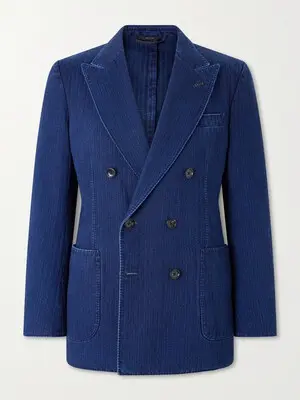 TOM FORD Double-breasted Herringbone Denim Blazer - Blue