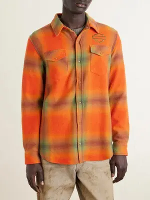 GOD'S TRUE CASHMERE Harley-davidson Olive Logo-embroidered Checked Cashmere-flannel Shirt