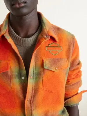 GOD'S TRUE CASHMERE Harley-davidson Olive Logo-embroidered Checked Cashmere-flannel Shirt