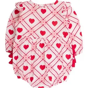 RUFFLEBUTTS Cotton Gauze Long Sleeve Flutter Bubble Romper Pink Sweetheart Plaid