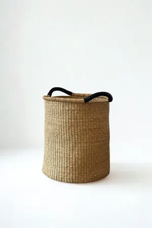 MBARE Handwoven Double Weave Pot Basket With Black Leather Handles - Natural