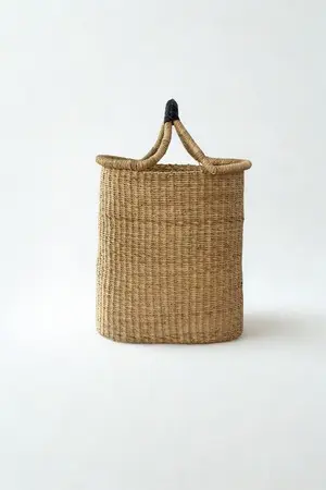 MBARE Handwoven Double Weave Pot Basket With Black Leather Handle - Natural