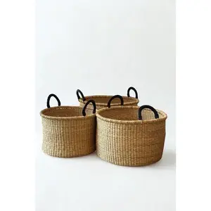 MBARE Handwoven Hamper With Leather Handles - Natural