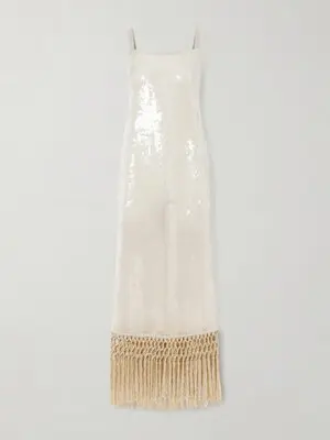 TALLER MARMO Agrigento Disco Fringed Sequined Gown - Neutrals