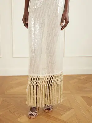 TALLER MARMO Agrigento Disco Fringed Sequined Gown - Neutrals