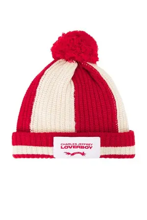 CHARLES JEFFREY Pompom Beanie - Red & Ecru