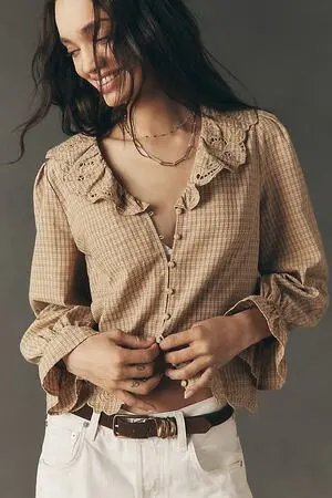 RAISONNEL Ruffled Embroidered Buttondown Top - Brown Pattern