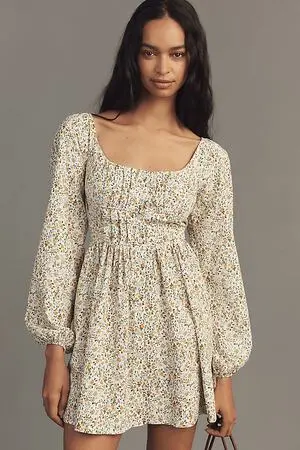Anthropologie Long-sleeve Corset A-line Mini Dress - Printed Floral