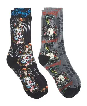 Ed Hardy Skull 360 Print Full Cushion Crew Socks 2 Pack - Black