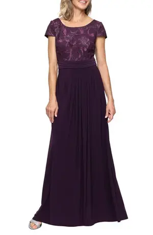 Alex Evenings Floral Embroidered Empire Waist A-line Gown