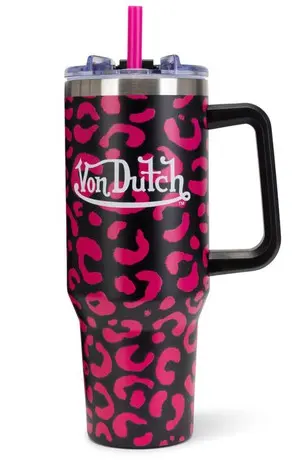 VON DUTCH 40oz Double Walled Insulated Stainless Steel Tumbler - Hot Pink Cheetah