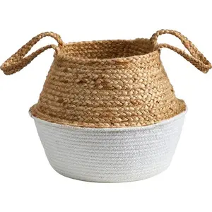 NEARLY NATURAL 14-in Boho Chic Handmade Cotton & Jute White Woven Basket Planter - Beige