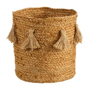 NEARLY NATURAL 12.5-in Boho Chic Natural Hand-woven Jute Basket Planter With Tassels - Beige