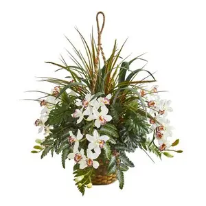 NEARLY NATURAL 29-in Cymbidium Orchid And Mixed Greens Artificial Plant Hanging Basket - White