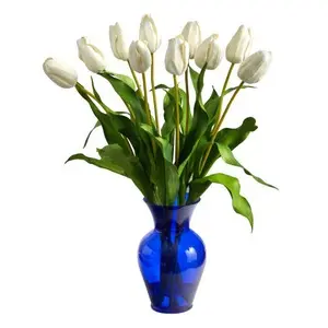 NEARLY NATURAL 22-in Dutch Tulip Artificial Arrangement In Blue Colored Vase - White