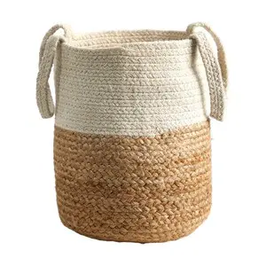 NEARLY NATURAL 12.5-in Handmade Natural Jute And Cotton Basket Planter - Beige