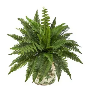 NEARLY NATURAL 15-in Boston Fern Artificial Plant With Tuscan Ceramic Scroll Planter - Green