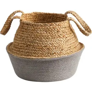 NEARLY NATURAL 14-in Boho Chic Handmade Cotton & Jute Gray Woven Basket Planter - Beige