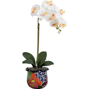 NEARLY NATURAL 26-in Artificial Orchid Arrangement In Handmade Mexican Talavera Ceramic Planter - Green