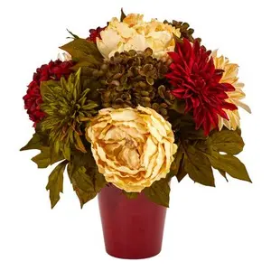NEARLY NATURAL 14-in Peony - Red/cream