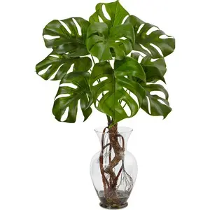 NEARLY NATURAL 26-in Monstera Plant In Rocks With Glass Vase - Green