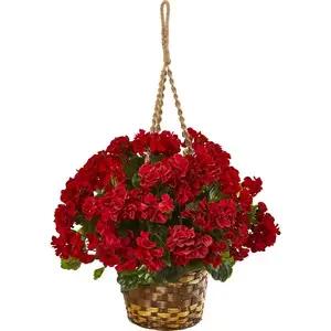 NEARLY NATURAL 19-in Geranium Hanging Basket Artificial Plant Uv Resistant - Red