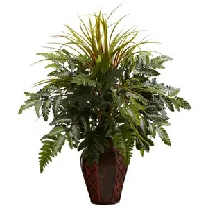 NEARLY NATURAL Mixed Grass & Fern With Decorative Planter - Green