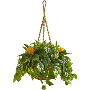 NEARLY NATURAL 31-in Bromeliad & Pothos Artificial Plant In Hanging Basket - Green