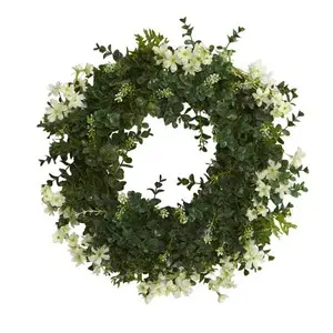 NEARLY NATURAL 18-in Eucalyptus And Dancing Daisy Double Ring Artificial Wreath With Twig Base - Green