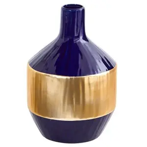 NEARLY NATURAL 9-in Lux Ceramic Vase With Gold Band - Blue
