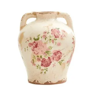 NEARLY NATURAL 8-in Tuscan Ceramic Floral Print Vase - Pink
