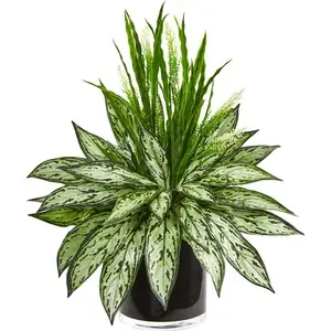 NEARLY NATURAL Silver Queen And Grass Artificial Plant In Black Vase - Green
