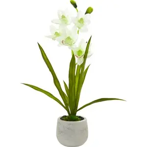 NEARLY NATURAL Cymbidium Orchid Artificial Arrangement In Vase - White