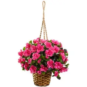 NEARLY NATURAL Azalea Flowering Artificial Hanging Basket - Pink