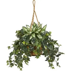 NEARLY NATURAL 30-in Silver Queen And Ivy Artificial Plant In Hanging Basket - Green