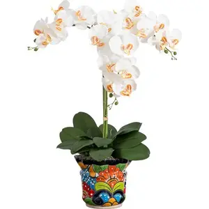 NEARLY NATURAL 27-in Artificial Triple Orchid Arrangement In Handmade Mexican Talavera Ceramic Planter - Green