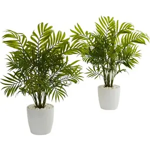 NEARLY NATURAL 19.5-in Palms In White Planter Artificial Plant - Green