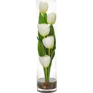 NEARLY NATURAL Tulips Artificial Arrangement In Cylinder Vase - White