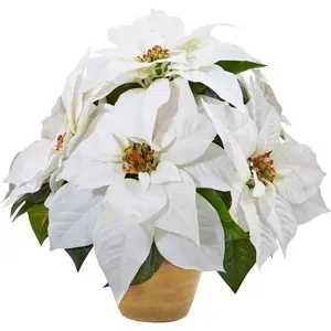 NEARLY NATURAL Poinsettia Artificial Arrangement In Ceramic Vase - White