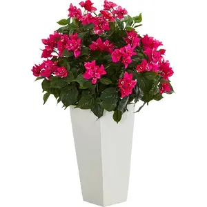 NEARLY NATURAL Bougainvillea Artificial Plant In White Tower Planter - Pink