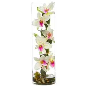 NEARLY NATURAL Cattleya Orchid Artificial Arrangement In Cylinder Vase - White