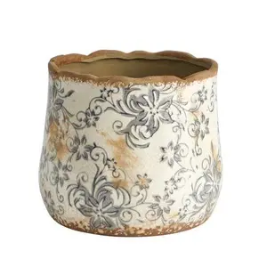 NEARLY NATURAL 7-in Tuscan Ceramic Gray Scroll Planter - White