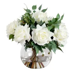 NEARLY NATURAL Wedding Collection 16-in Artificial Roses And Mixed Greens Arrangement In Glass Vase - Green/white