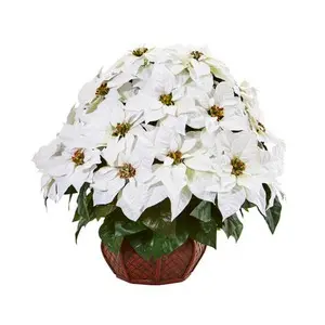 NEARLY NATURAL Poinsettia Artificial Arrangement In Decorative Planter - White