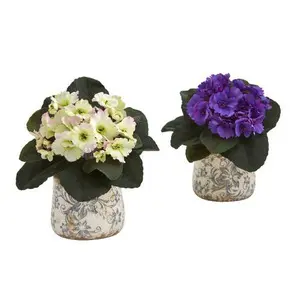 NEARLY NATURAL 8-in African Violet Artificial Plant In Floral Design Vase - Cream/purple