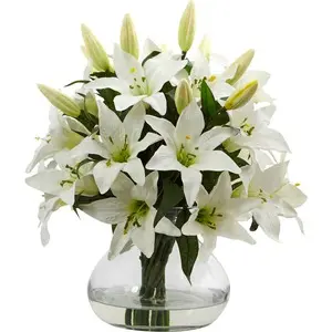 NEARLY NATURAL 16-in Lily Artificial Arrangement With Glass Vase - White