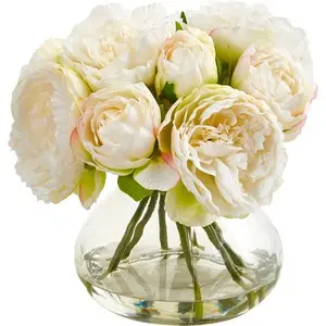 NEARLY NATURAL Peony Artificial Arrangement In Vase - White