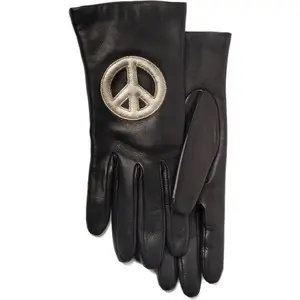 Portolano Leather Gloves With Metallic Peace Sign - Black